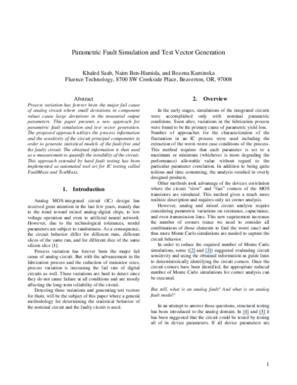 Pdf Parametric Fault Simulation And Test Vector Generation