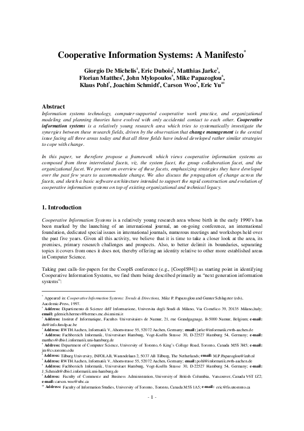 (PDF) Cooperative Information Systems: A Manifesto