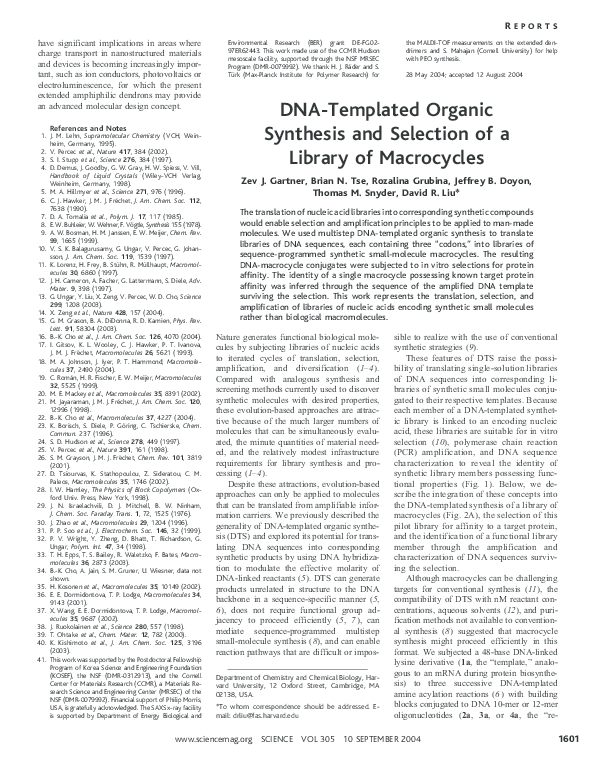 (PDF) DNA-Templated Organic Synthesis and Selection of a Library of Macrocycles