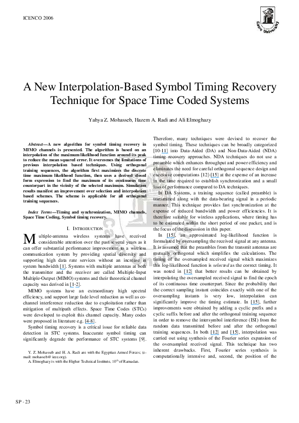 Pdf A New Interpolation Based Symbol Timing Recovery Technique For Space Time Coded Systems
