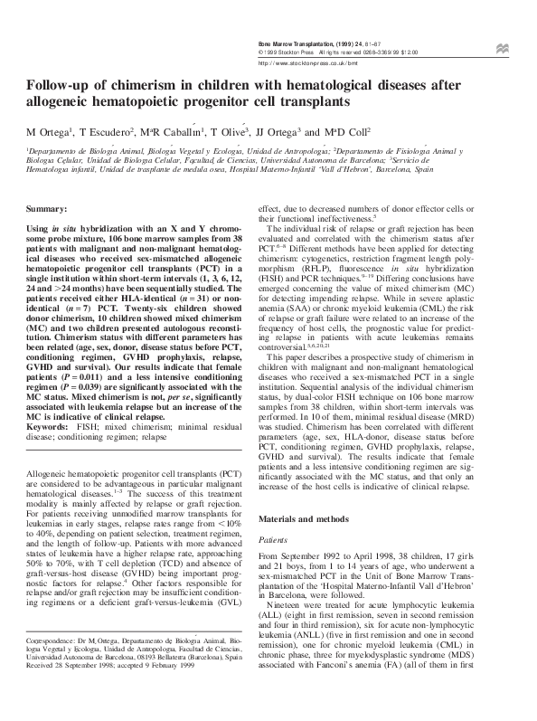 (PDF) Follow-up of chimerism in children with hematological diseases ...