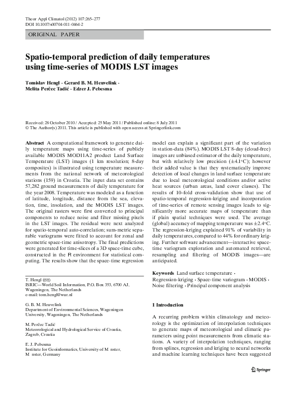 Pdf Spatio Temporal Prediction Of Daily Temperatures Using Time