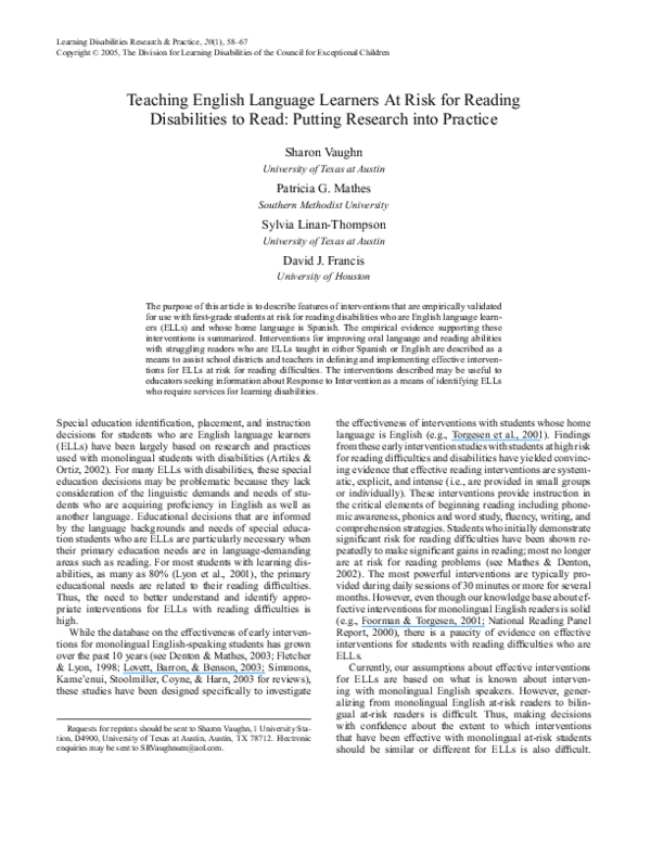 (PDF) Teaching English Language Learners At Risk for Reading ...