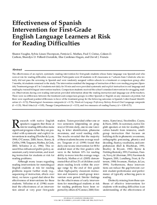 (PDF) Effectiveness of Spanish Intervention for First-Grade English ...