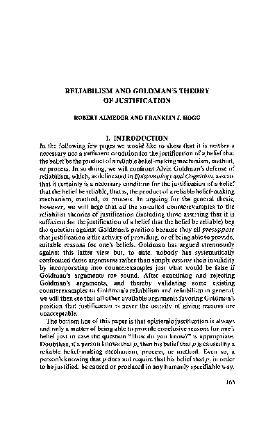 (PDF) Reliabilism and Goldman's theory of justification