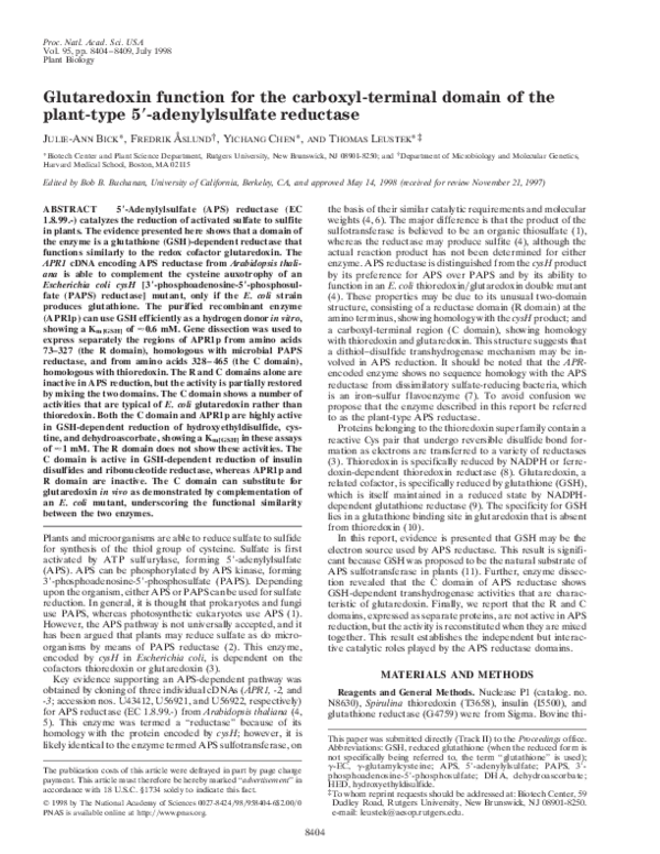 (PDF) Glutaredoxin Function for the Carboxyl-Terminal Domain of the ...