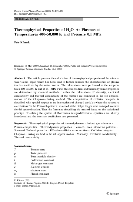 (PDF) Thermophysical Properties of H 2 O–Ar Plasmas at Temperatures 400–50,000 K and Pressure 0. ...
