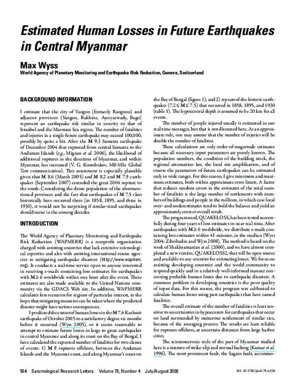 (PDF) Estimated Human Losses in Future Earthquakes in Central Myanmar