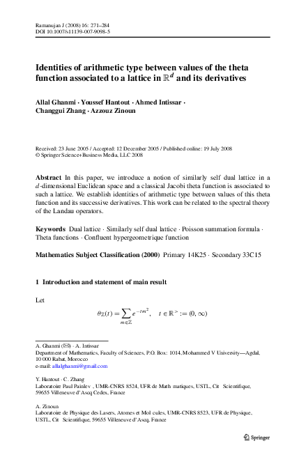 (PDF) Identities of arithmetic type between values of the theta function associated to a lattice ...