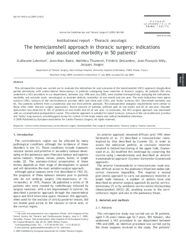 (PDF) The hemiclamshell approach in thoracic surgery: indications and ...