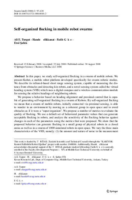 (PDF) Self-organized flocking in mobile robot swarms