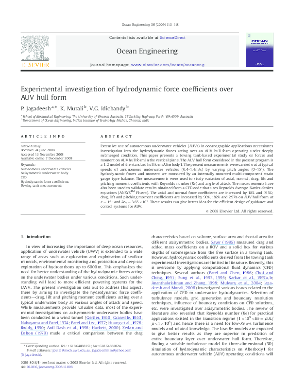 (PDF) Experimental investigation of hydrodynamic force coefficients over AUV hull form