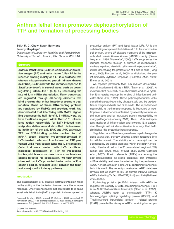 (PDF) Anthrax lethal toxin promotes dephosphorylation of TTP and ...
