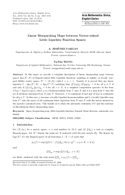 Pdf Linear Biseparating Maps Between Vector Valued Little Lipschitz Function Spaces