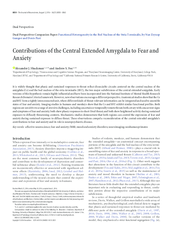 (PDF) Contributions of the Central Extended Amygdala to Fear and Anxiety