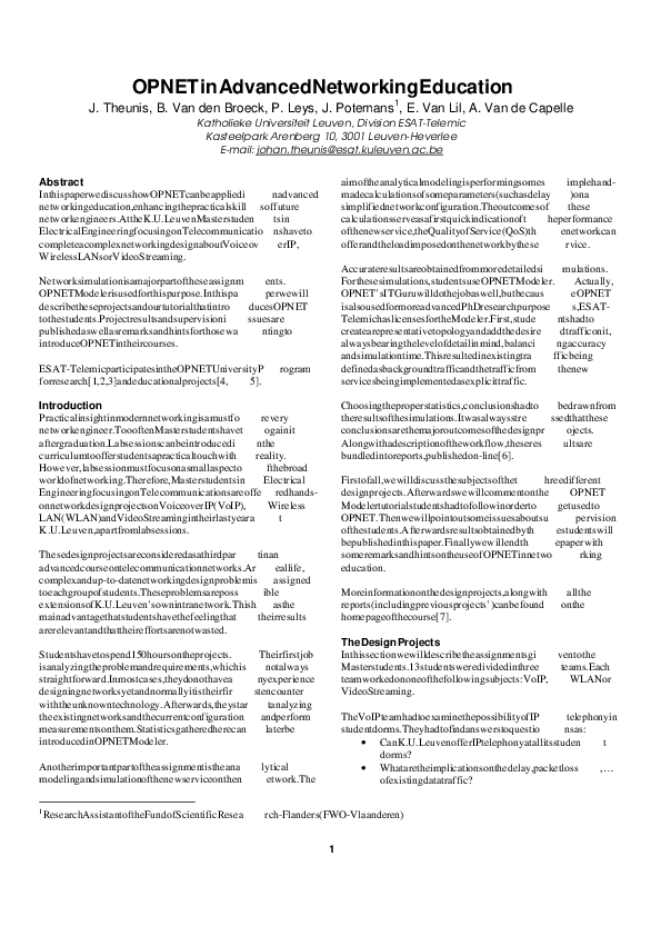 (PDF) OPNET in Advanced Networking Education