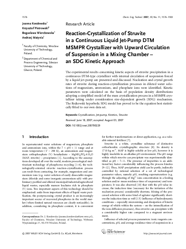 (PDF) Kinetics of Struvite Precipitation in Crystallizer