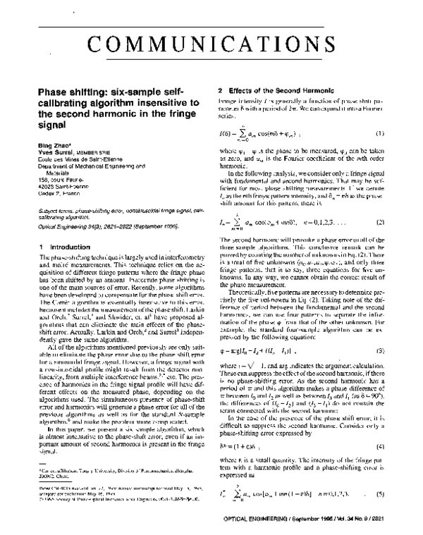 (PDF) Phase shifting: six-sample self-calibrating algorithm insensitive to the second harmonic ...