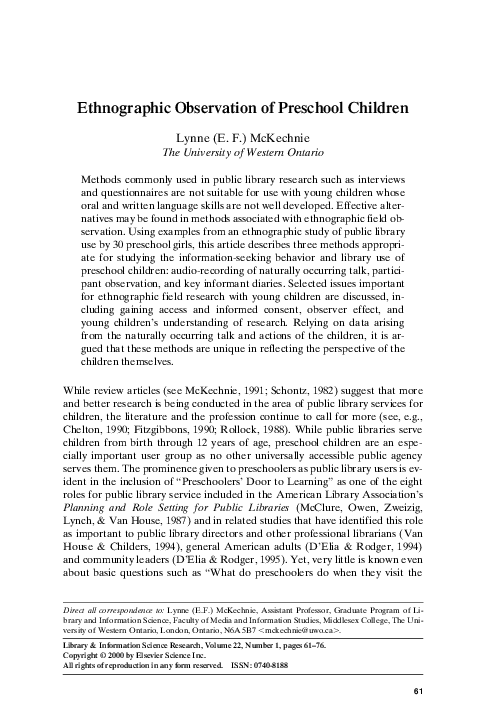 (PDF) Ethnographic Observation of Preschool Children