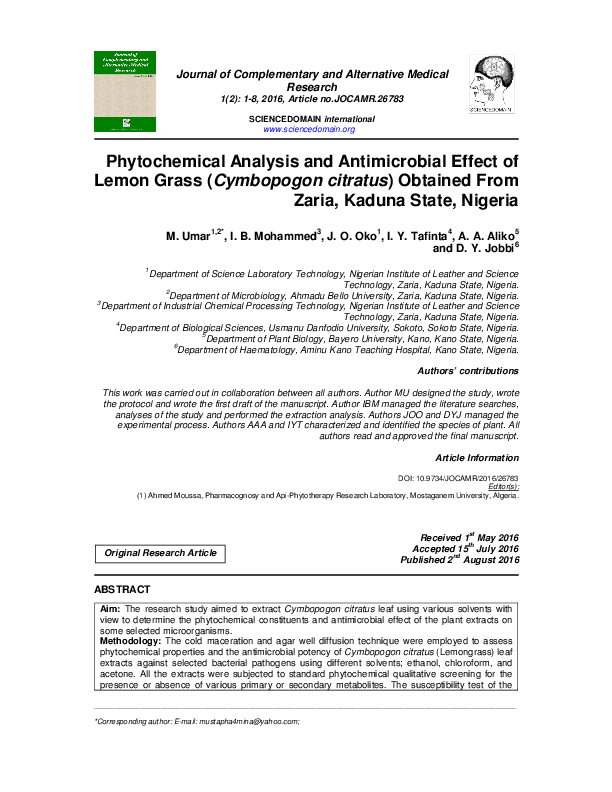 (PDF) Phytochemical Analysis and Antimicrobial Effect of Lemon Grass (Cymbopogon citratus ...