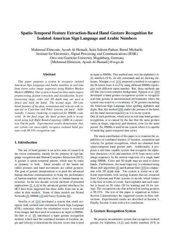 Pdf Spatio Temporal Feature Extraction Based Hand Gesture Recognition