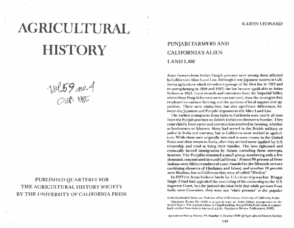 (PDF) Punjabi Farmers and California's Alien Land Law (1985)
