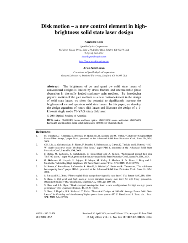 (PDF) Disk motion - a new control element in high-brightness solid state laser design