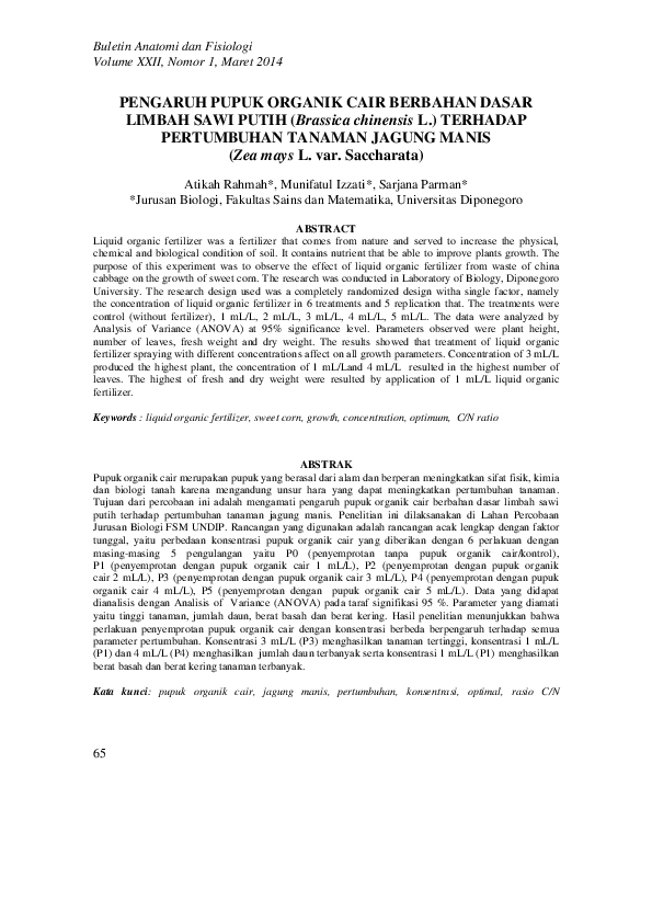 (PDF) PENGARUH PUPUK ORGANIK CAIR BERBAHAN DASAR LIMBAH SAWI PUTIH (Brassica chinensis L ...