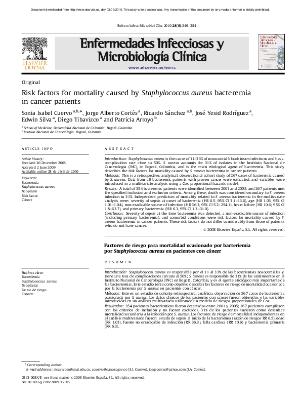 (PDF) Risk factors for mortality caused by Staphylococcus aureus bacteremia in cancer patients