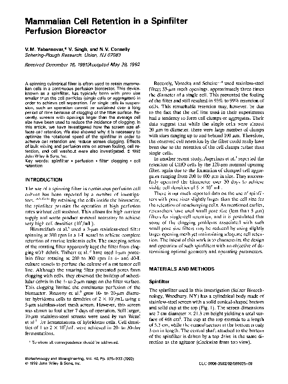 (PDF) Mammalian cell retention in a spinfilter perfusion bioreactor