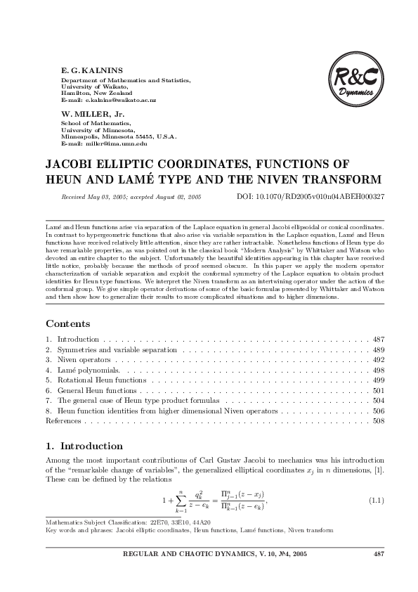 (PDF) Jacobi elliptic coordinates, functions of Heun and Lamé type and ...