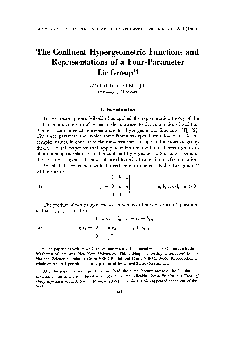 (PDF) The confluent hypergeometric functions and representations of a four-parameter lie group