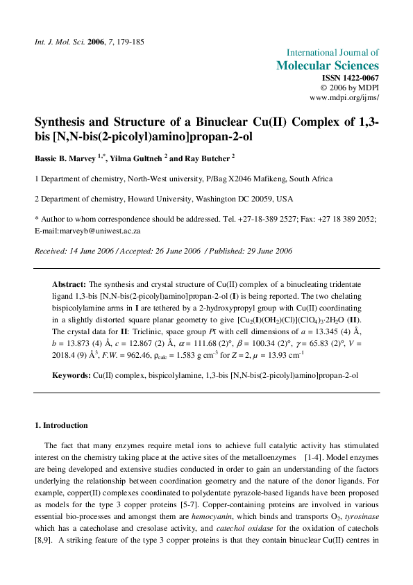 (PDF) Synthesis and Structure of a Binuclear Cu(II) Complex of 1,3- bis [N,Nbis(2-picolyl)amino ...