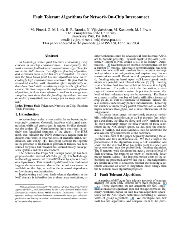 Pdf Fault Tolerant Algorithms For Network On Chip Interconnect