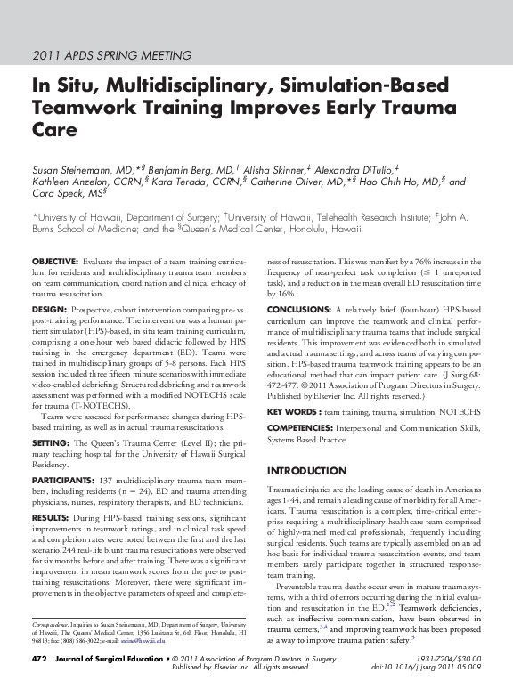 (PDF) In Situ, Multidisciplinary, Simulation-Based Teamwork Training Improves Early Trauma Care