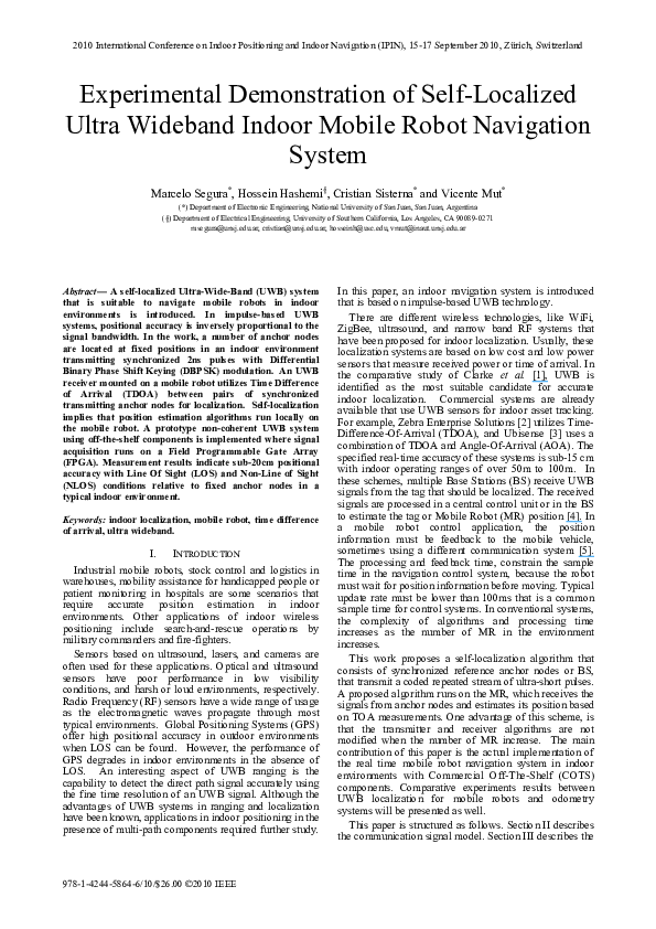 Pdf Experimental Demonstration Of Self Localized Ultra Wideband Indoor Mobile Robot Navigation