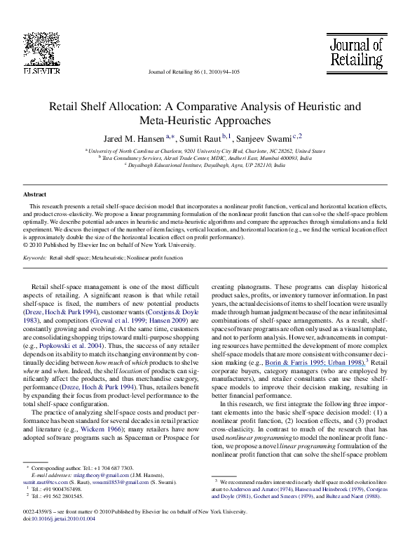 Pdf Retail Shelf Allocation A Comparative Analysis Of Heuristic And Metaheuristic Approaches