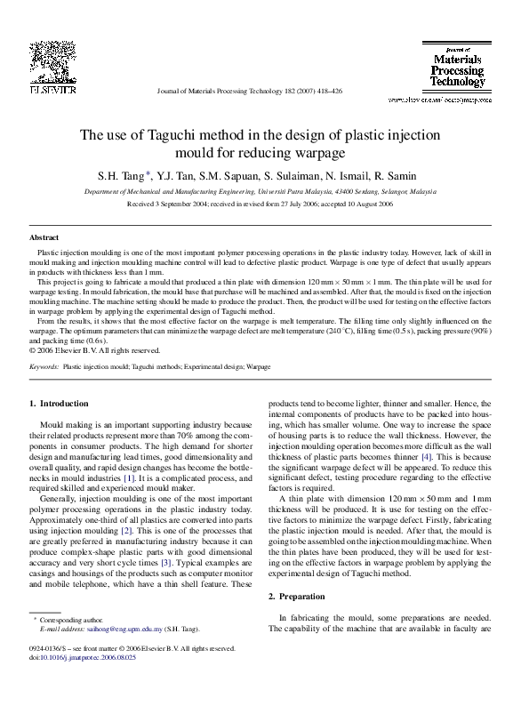 Pdf The Use Of Taguchi Method In The Design Of Plastic Injection Mould For Reducing Warpage