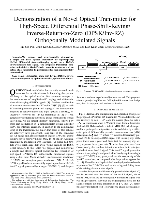 (PDF) Demonstration of a novel optical transmitter for high-speed differential phase-shift ...