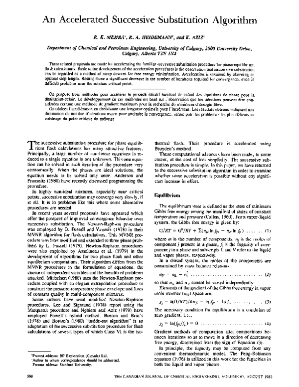 Pdf An Accelerated Successive Substitution Algorithm Khalid Aziz