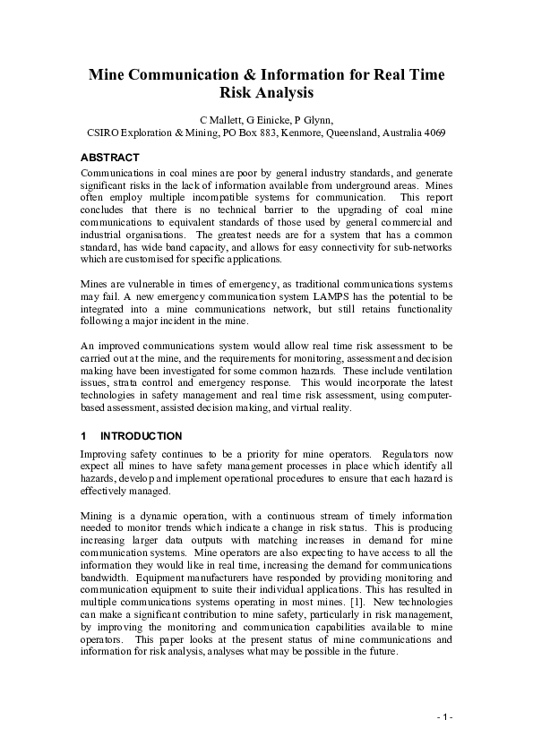 (PDF) Mine Communication & Information for Real Time Risk Analysis