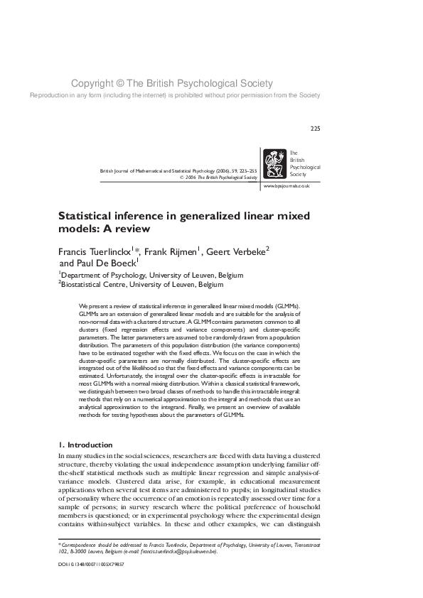 Pdf Statistical Inference In Generalized Linear Mixed Models A Review