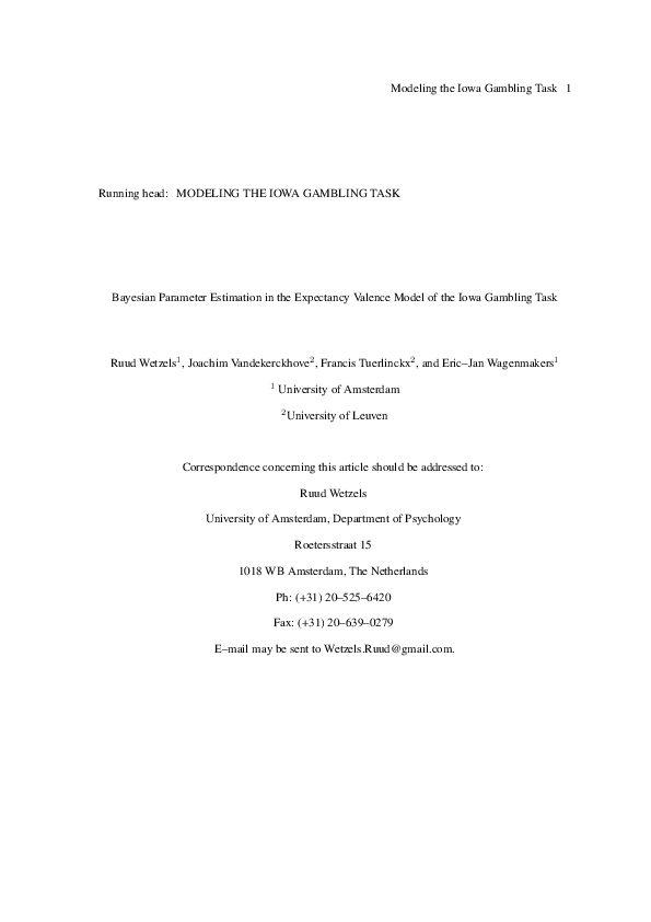 (PDF) Bayesian parameter estimation in the Expectancy Valence model of ...