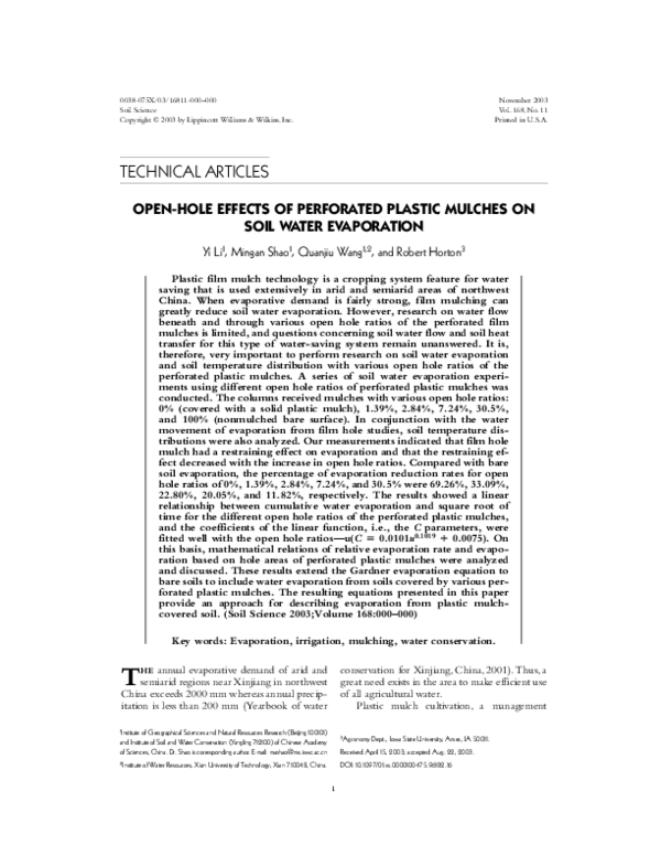 (PDF) Open-Hole Effects of Perforated Plastic Mulches on Soil Water Evaporation