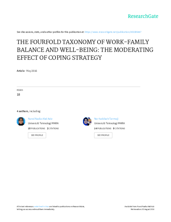 (PDF) The Fourfold Taxonomy of Work-Family Balance and Well-Being: The ...