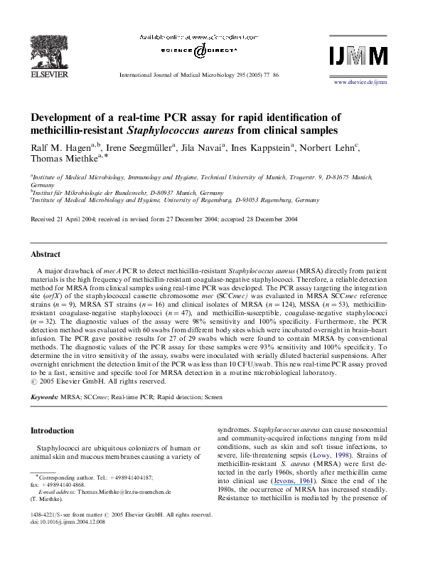 (PDF) Development of a real-time PCR assay for rapid identification of methicillin-resistant ...