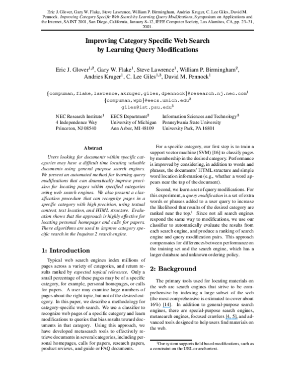 (PDF) Improving Category Specific Web Search by Learning Query Modifications