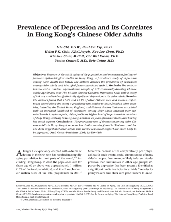 (PDF) Prevalence of Depression and Its Correlates in Hong Kongʼs ...
