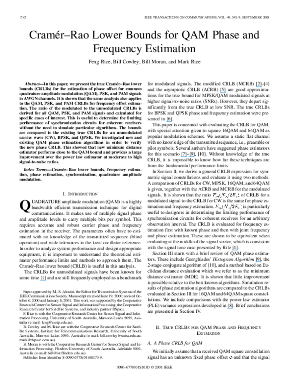 (PDF) Cramer-Rao lower bounds for QAM phase and frequency estimation