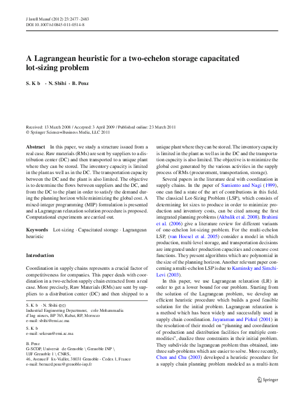 (PDF) A Lagrangean heuristic for a two-echelon storage capacitated lot-sizing problem
